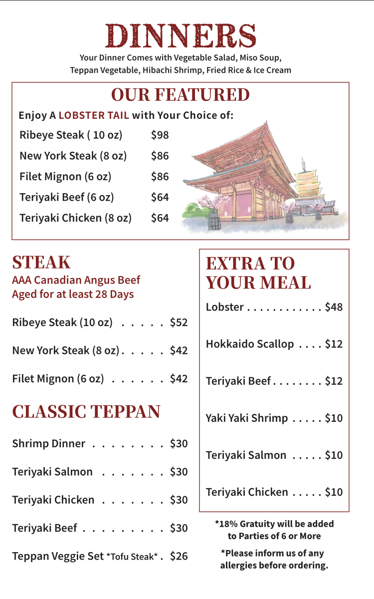 Restaurant Menu - Tobe Teppanyaki