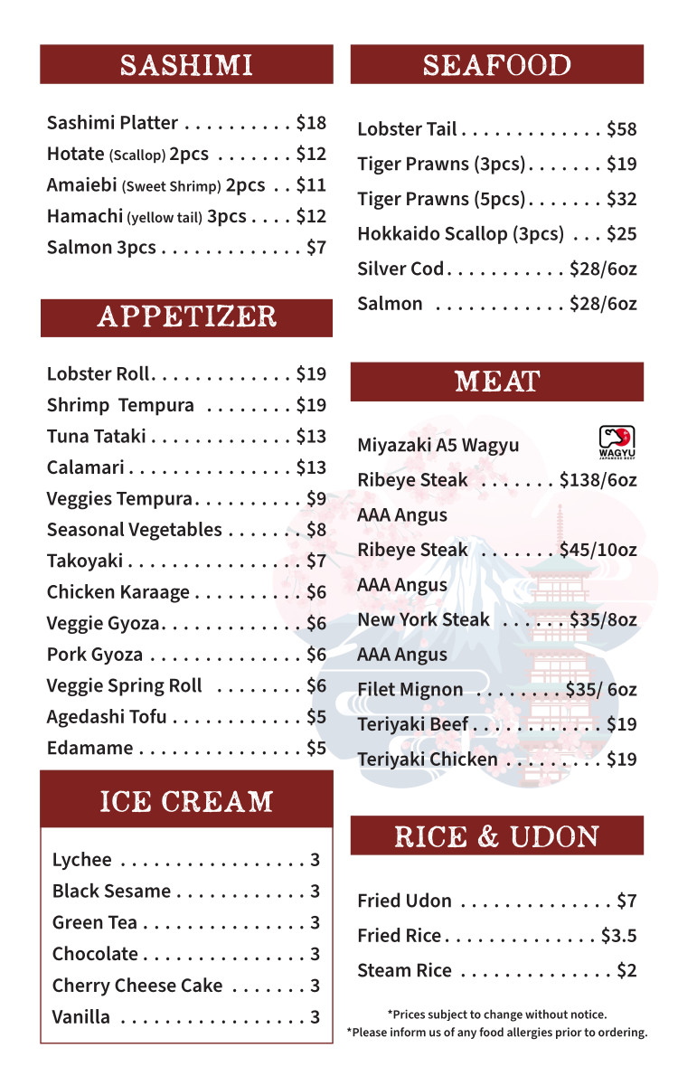 Restaurant Menu - Tobe Teppanyaki