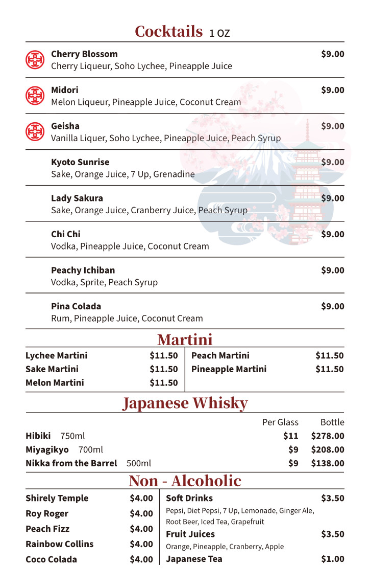 Restaurant Menu - Tobe Teppanyaki